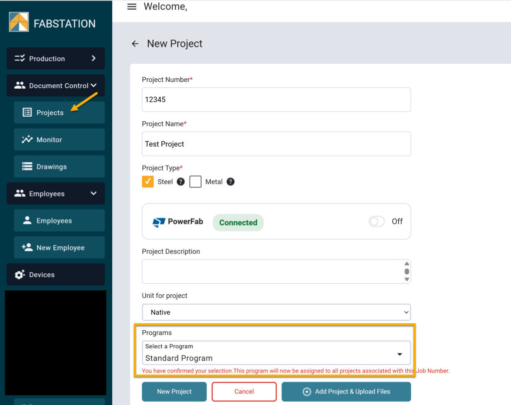 Assign a Program to a Project | FabStation